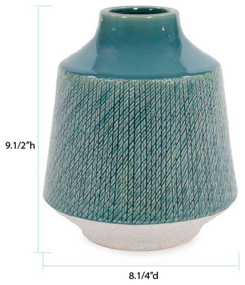 Cross Hatched Sea Blue Ceramic Round Vase