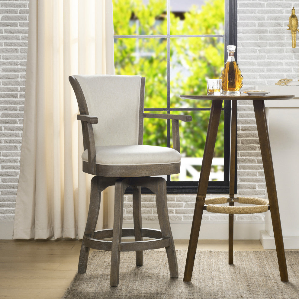 Williams Swivel Bar and Counter Stool With Armrests, Natural White Lin