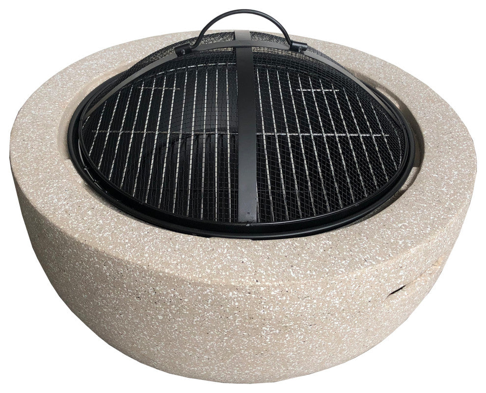 Round Faux Stone Outdoor Fire Pit with Fire Screen