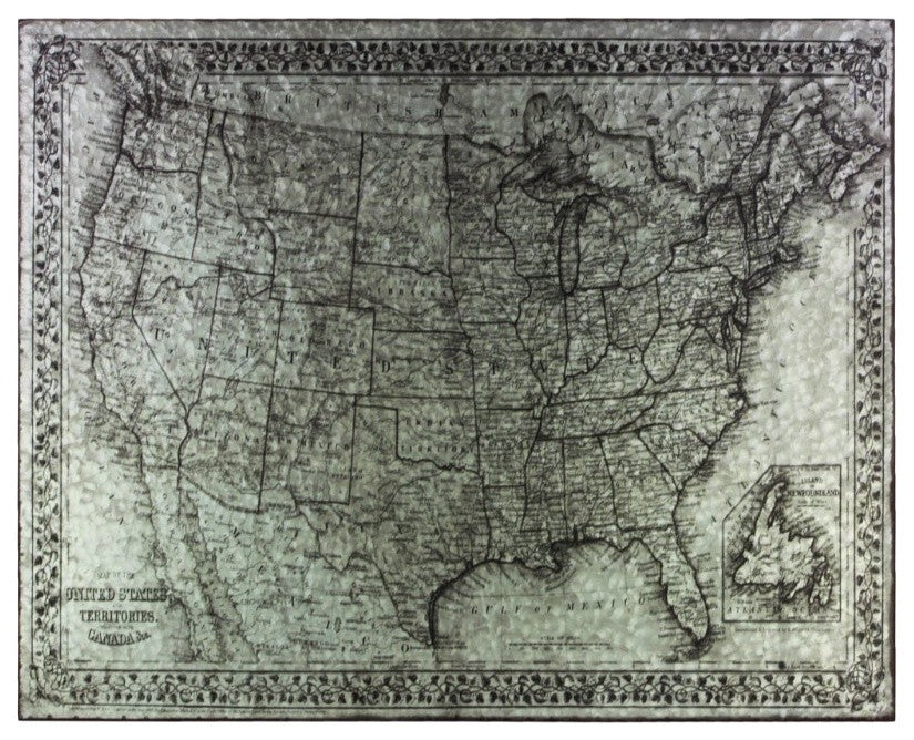 Metal Etched Painting of the "United States of America" Map, Galvanize