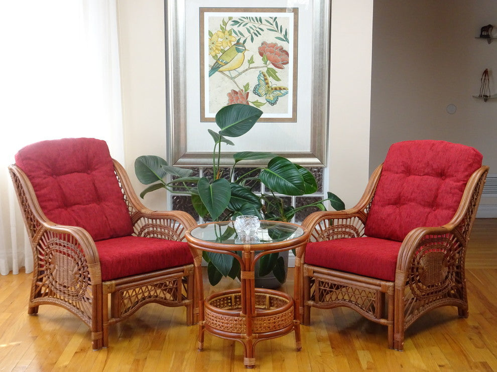Malibu 3-Piece Rattan Wicker Living Room Set With Cushions, Colonial/R