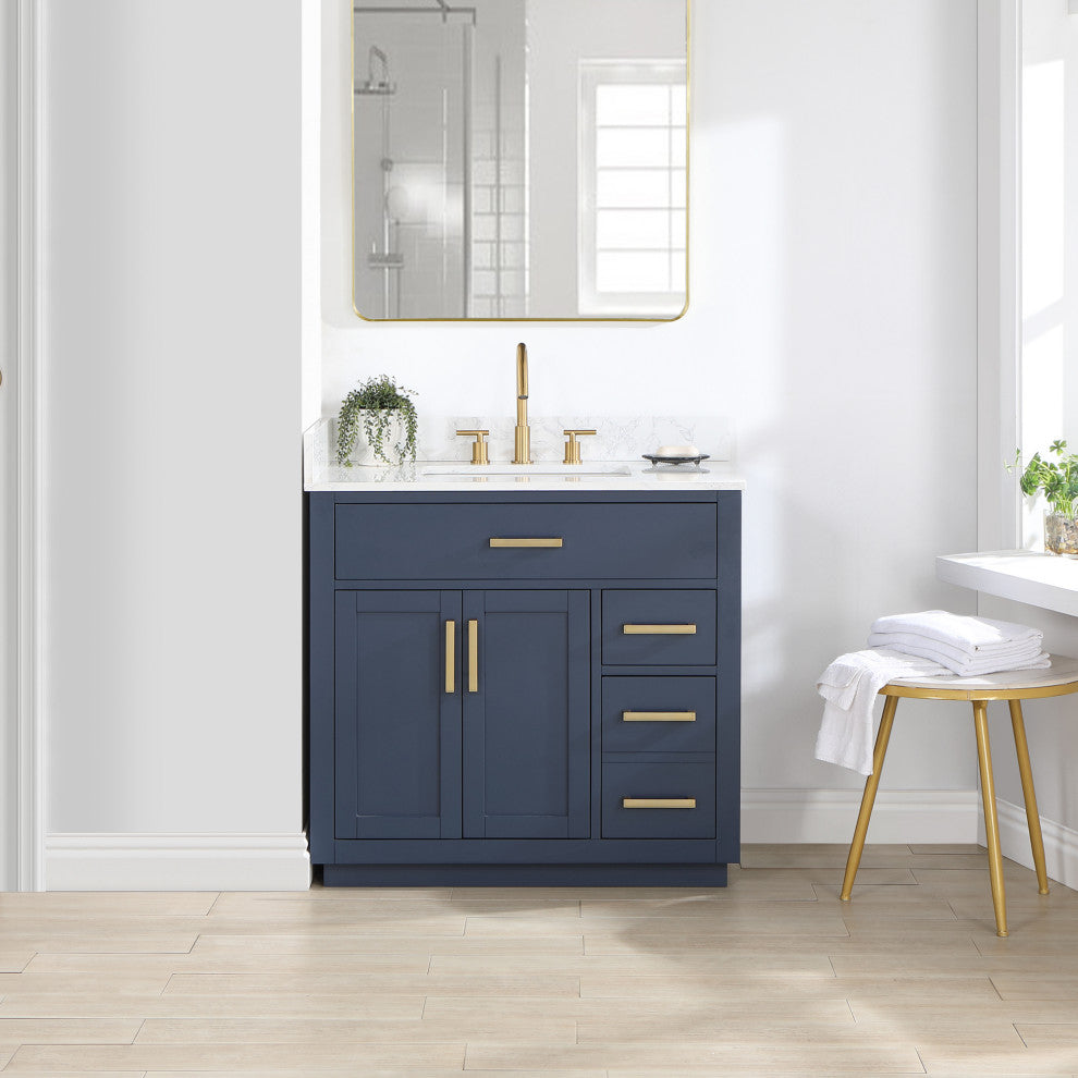 Gavino Vanity With Grain White Composite Stone Top, Royal Blue/Brushed