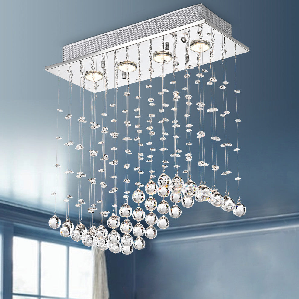 4-Light Modern Wave Rain Drop Crystal Flush Mount Chandelier