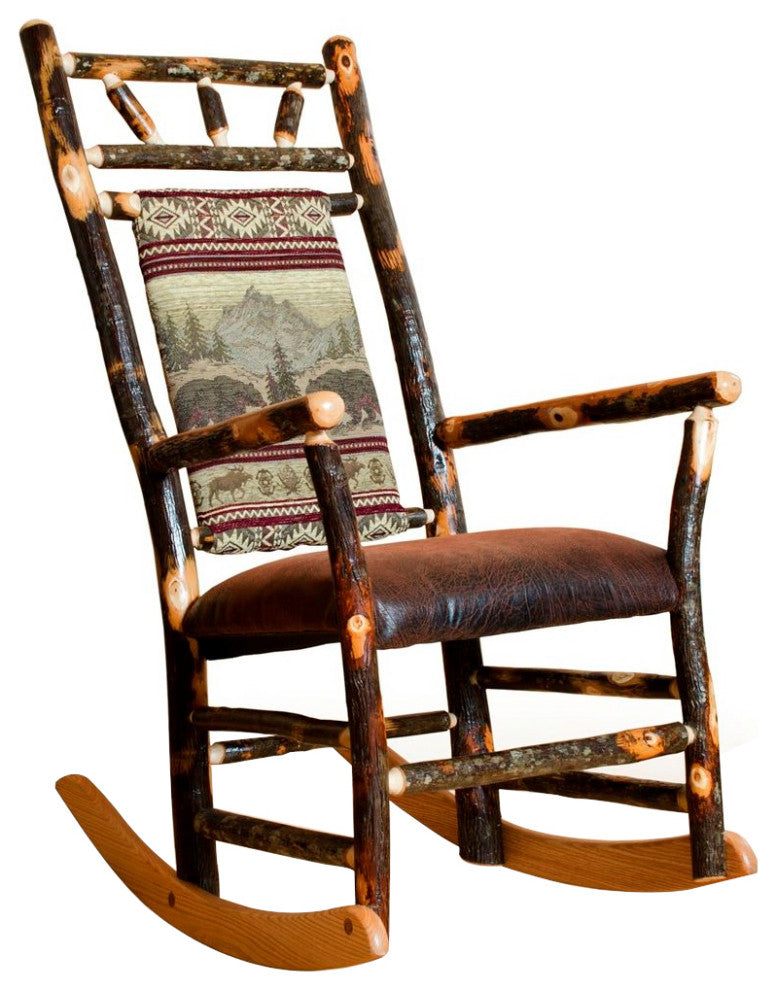 Hickory Log Straight Back Rocker with Faux Brown Leather Seat, Bear Mo