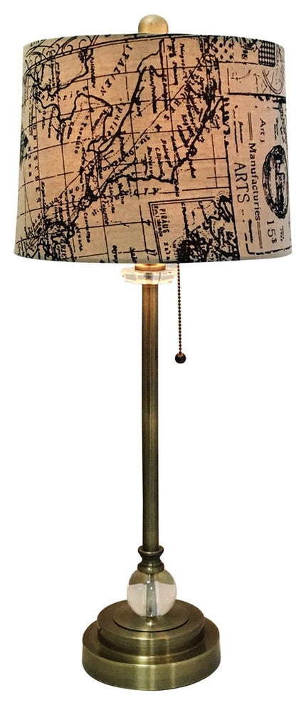 28" Crystal Lamp With Vintage Map Postcard Drum Shade Antique Brass