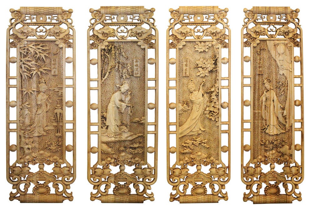 Chinese Set of 4 Rectangular Four Beauties Wooden Wall Plaque Panels H