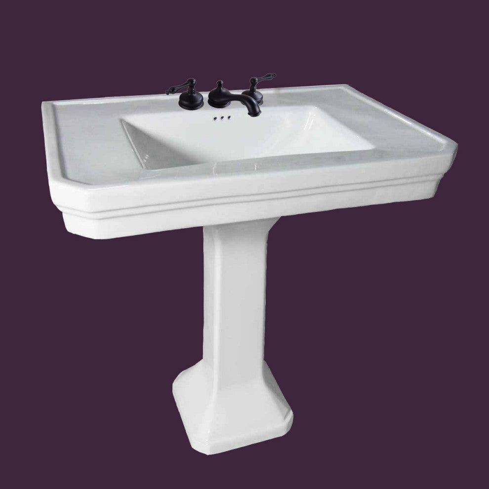 White Large Vitreous Victorian Pedestal Sink with Widespread Black Bel
