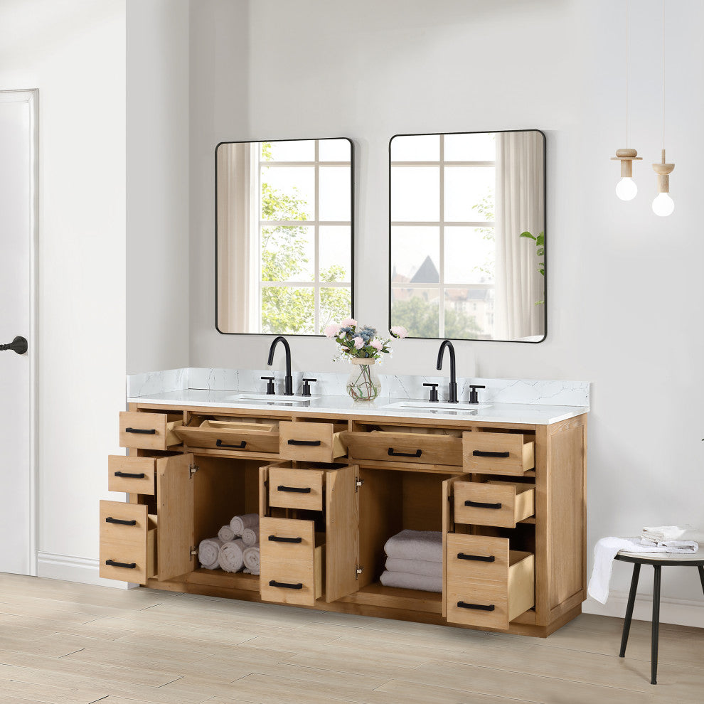 Gavino Vanity With Grain White Composite Stone Top, Light Brown/Matte