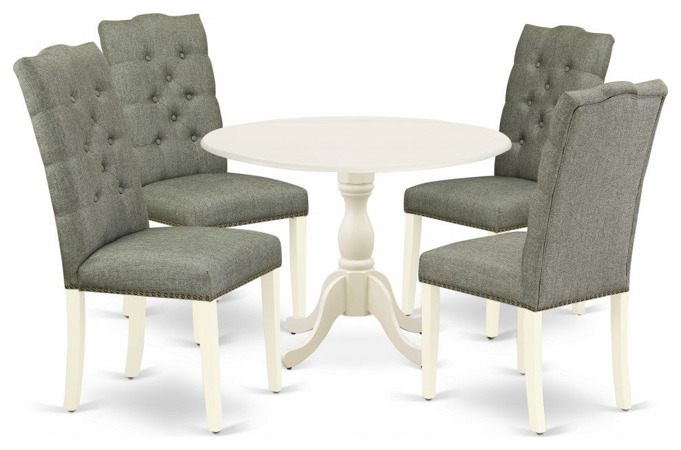 5Pc Dining Set, 1 Drop Leaves Wooden Table, 4 Smoke Chairs, Linen Whit
