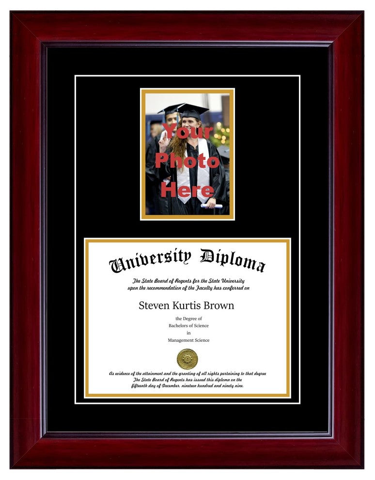 Single Diploma Frame with 5x7 Photo and Double Matting, Mahogany, 11"x