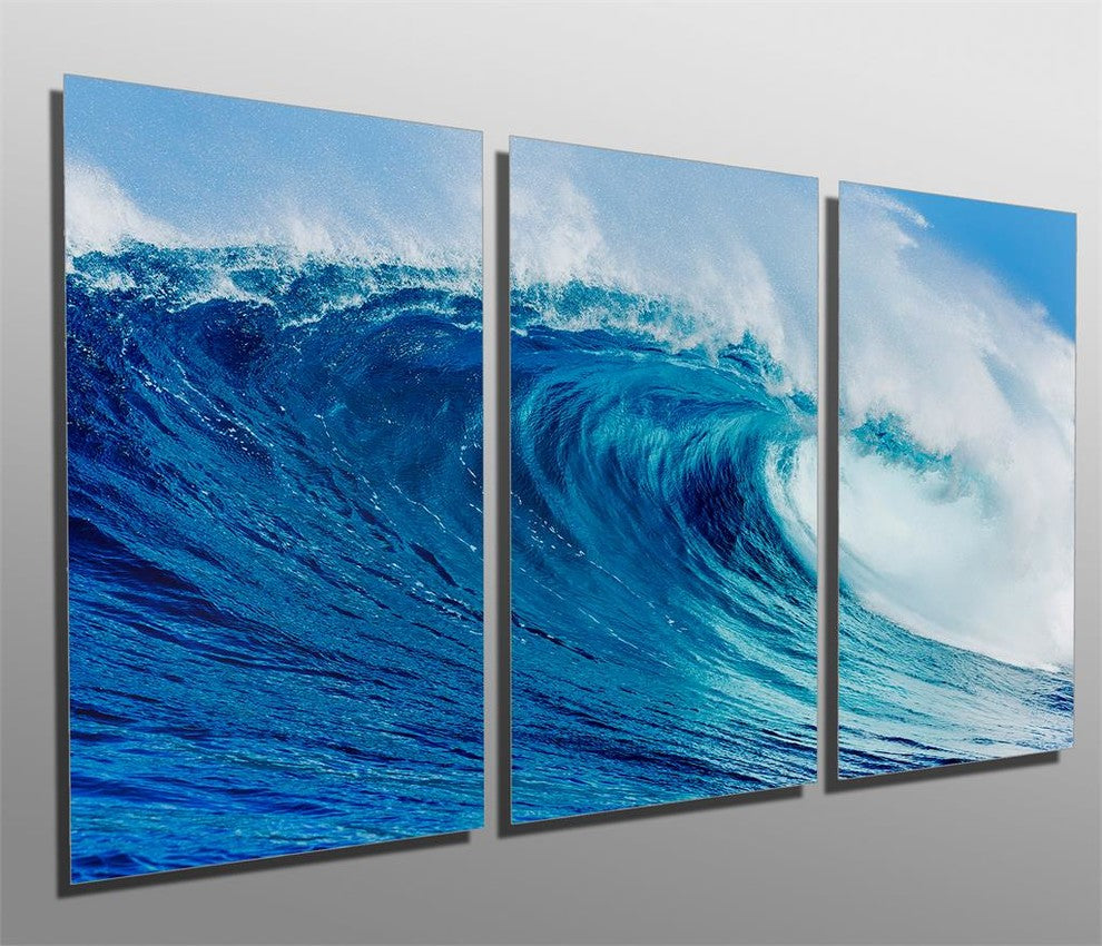 Blue Ocean Wave Metal Print Wall Art, 3 Panel Split, Triptych Wall Art