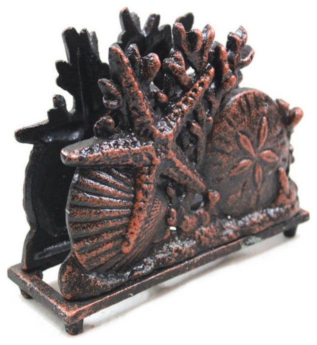Rustic Copper Cast Iron Seashell Napkin Holder 7'' - Sea Life Decorati