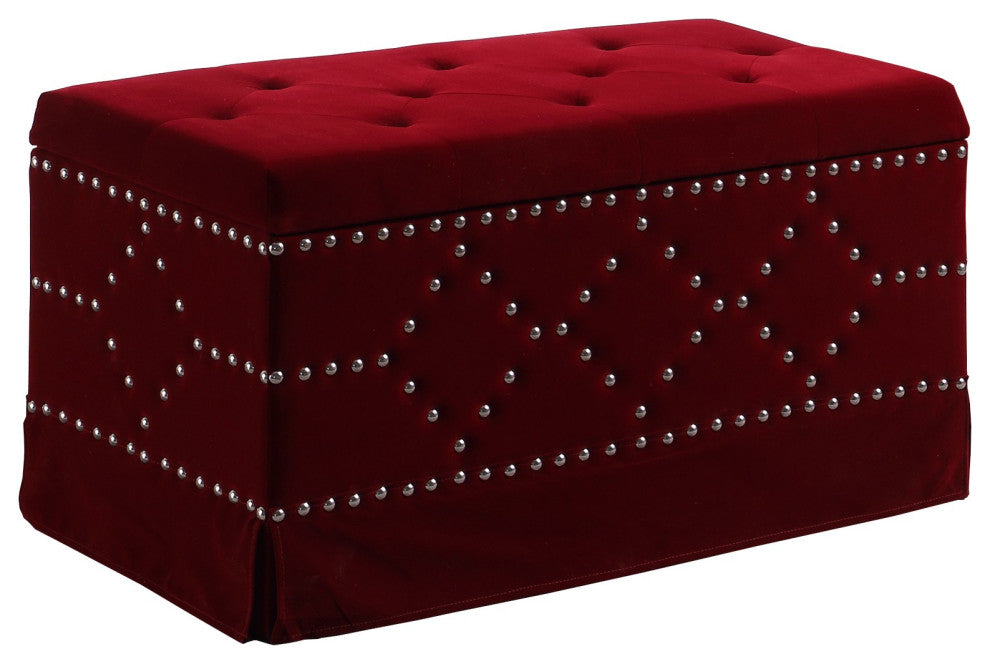 Deep Red Velvet Nailhead Storage Bench With Ottomans
