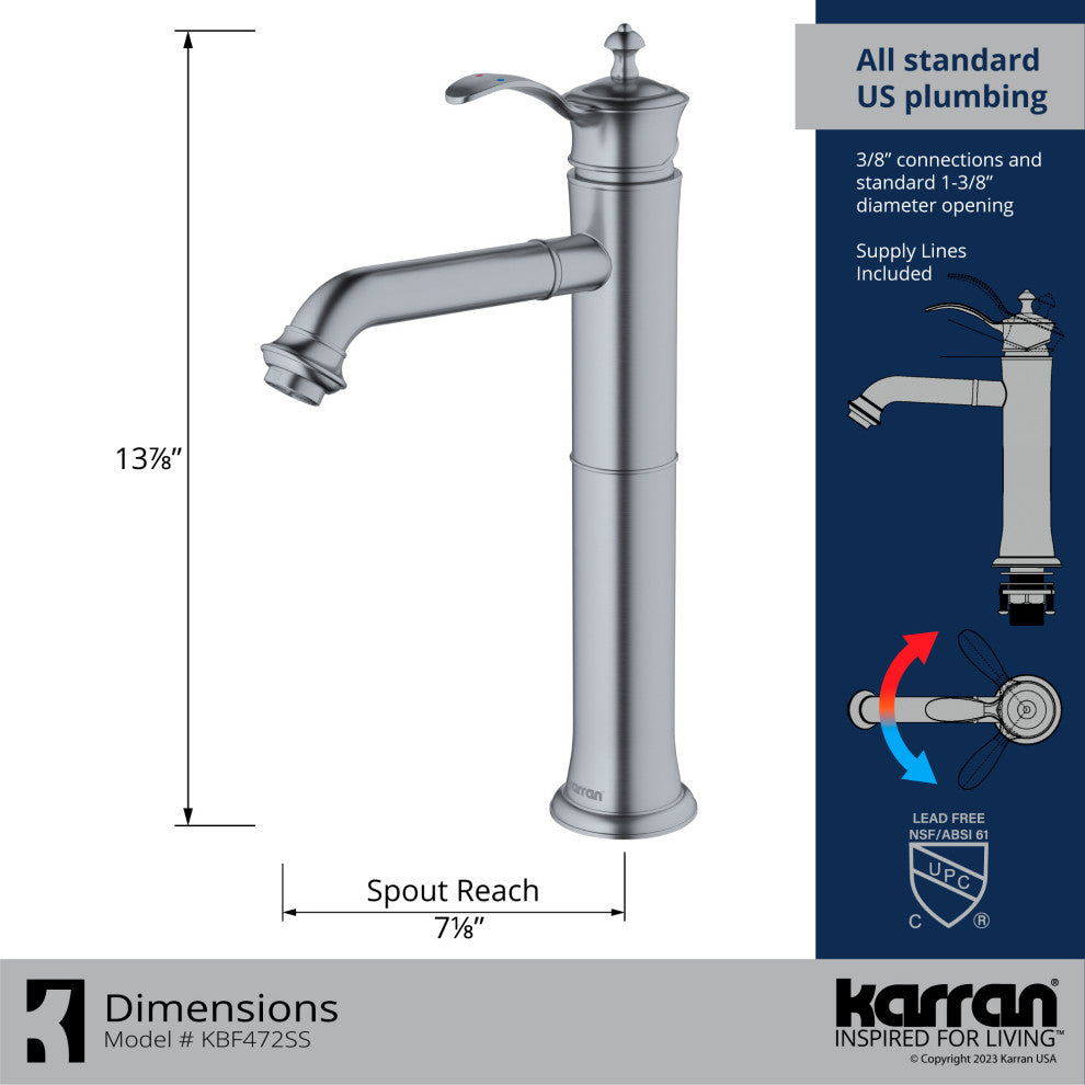 Karran 1-Handle 1-Hole Vessel Faucet With Pop-up Drain, Stainless Stee