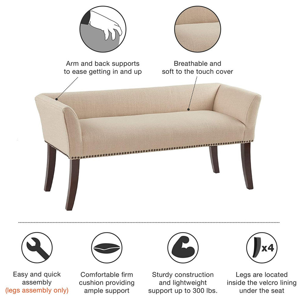 Modern Upholstered Bench, Soft Polyester Seat With Nailhead Trim Accen
