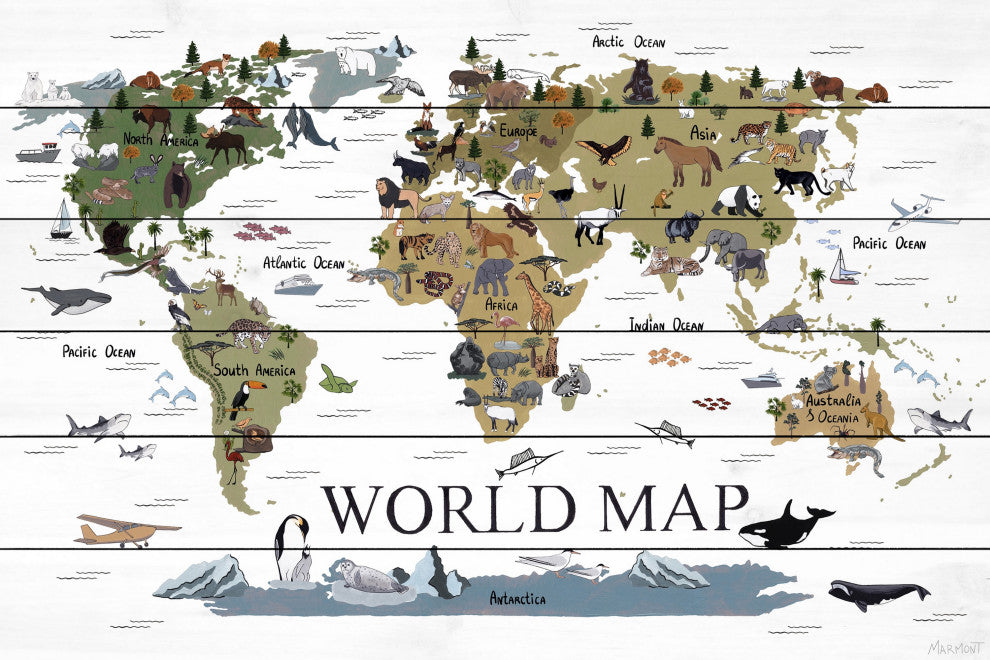 "World Map of Animals" Painting Print on White Wood, 36x24