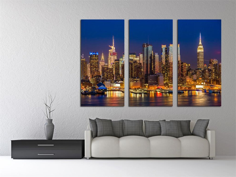 Midtown Manhattan Oceanfront Canvas Print Wall Art 3 Panel Split Tript