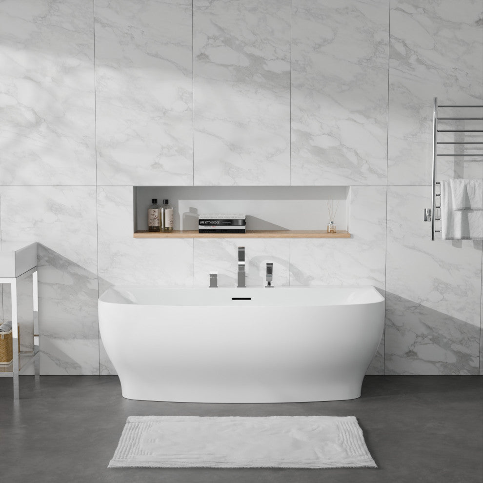 Bank 65" Freestanding Tub With Chrome Faucet, Center Drain