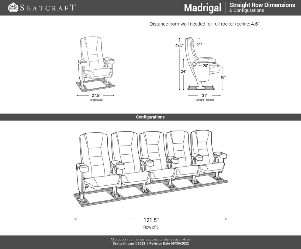 Seatcraft Madrigal Movie Theater Seating, Blue, Row of 5