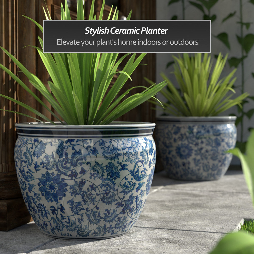 20" Porcelain Fishbowl Blue and White Floral