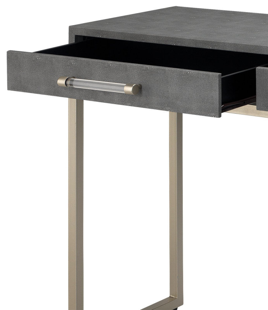 Elegant Faux Shagreen Console Table 2 Drawers Gray Champagne Brass Vin