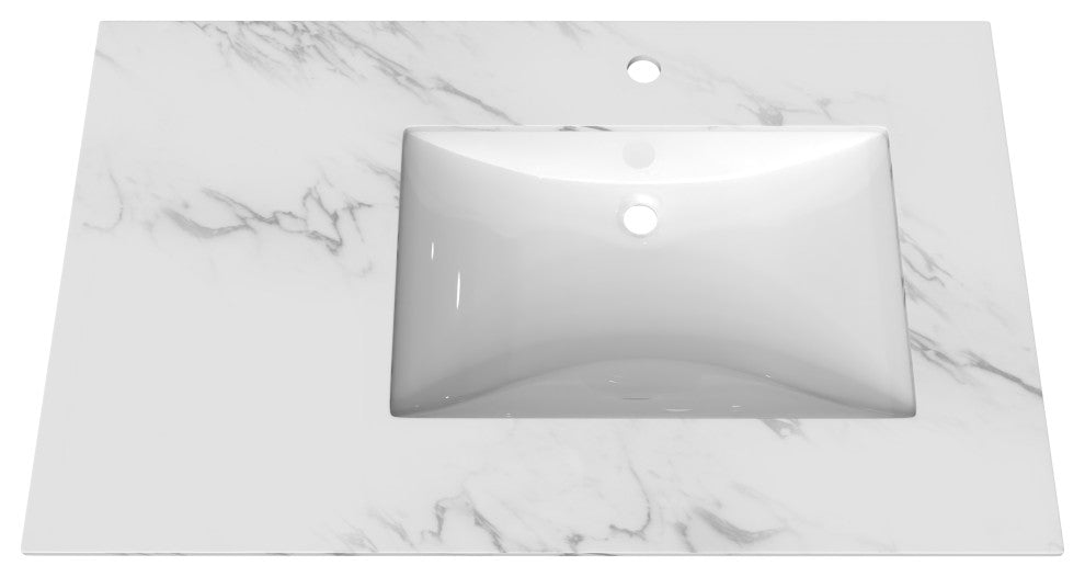 Monica 36" Porcelain Vanity Top With Overflow, Faux White Marble, Righ