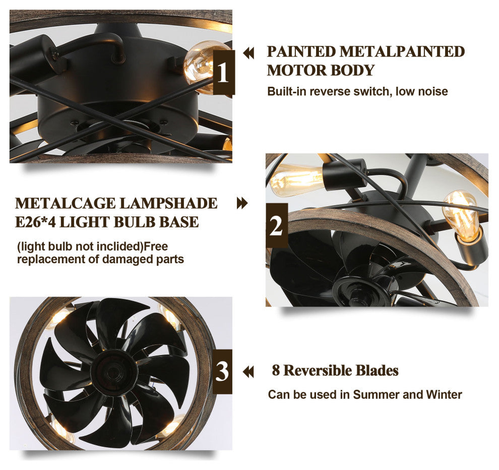 18" Rustic Wood Cage Reversible Ceiling Fan with Remote and Light Kit