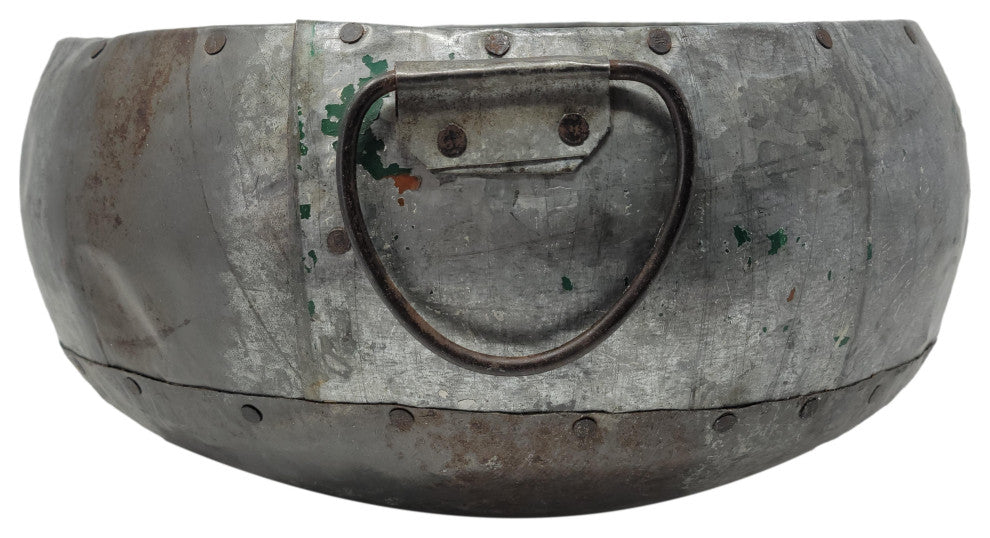 Large Industrial Reclaimed Metal Centerpiece Bowl Riveted Rustic Handl