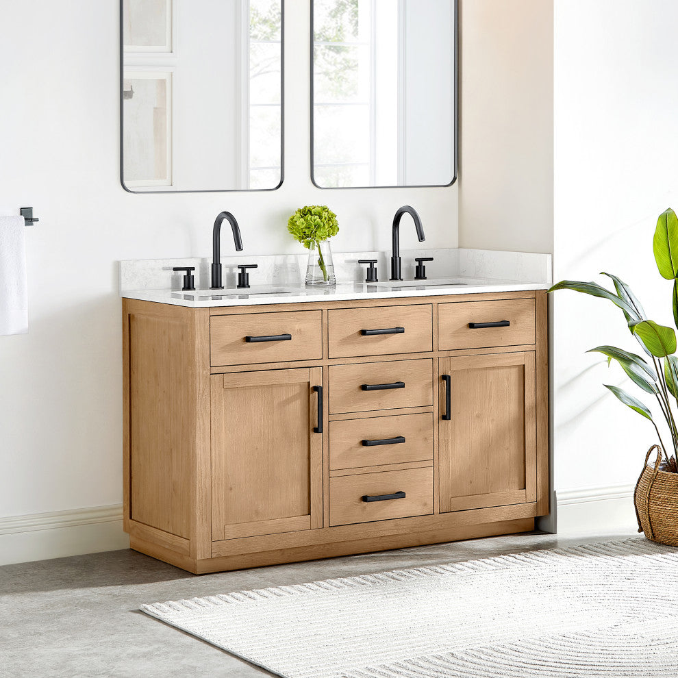 Gavino Vanity with Grain White Composite Stone Top, Light Brown/Matte