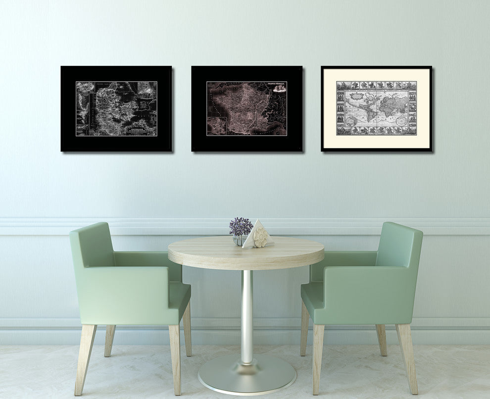 Denmark, Greenland Iceland Old Monochrome Map On Canvas With Frame, 28