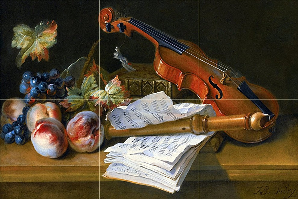 Tile Mural Still Life With a Violin Recorder Books Music Peaches, Cera