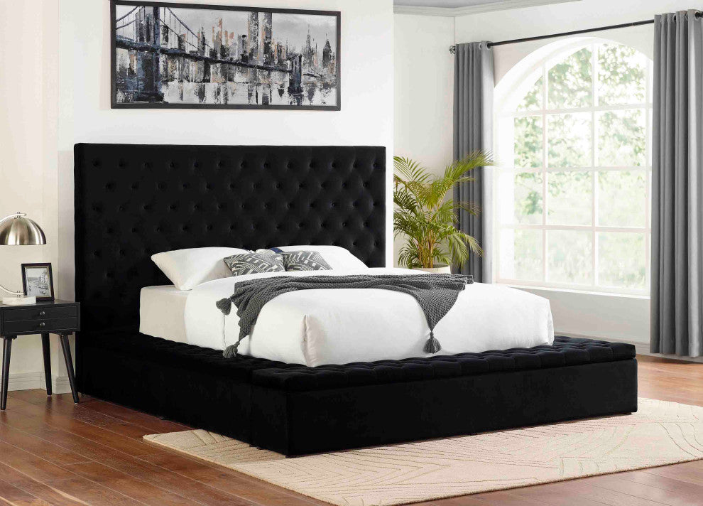 Cierra Tufted Velvet Platform Bed With Storage, Black, King