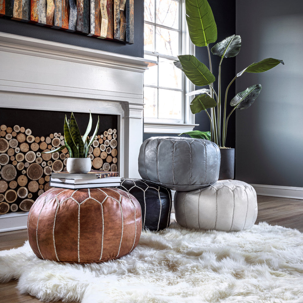 Nuloom Leather Jerrie Contemporary Ottoman Black