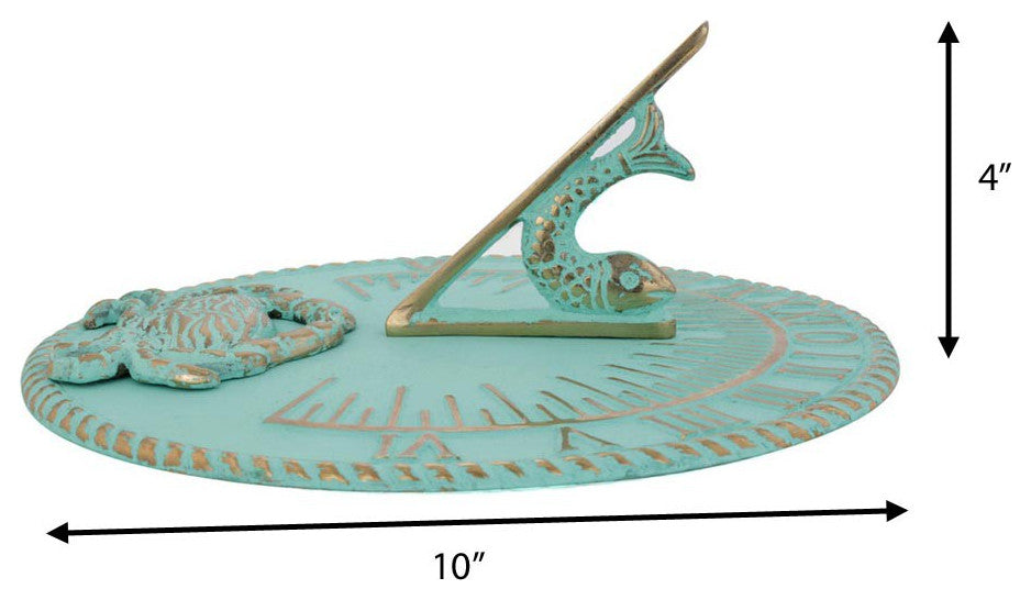 Solid Brass Garden Sundial Verdigris Blue Beach Design Crab and Fish