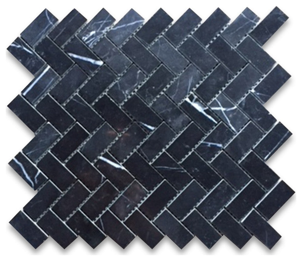 Nero Marquina Black Marble 1x2 Herringbone Mosaic Tile Polished, 1 she