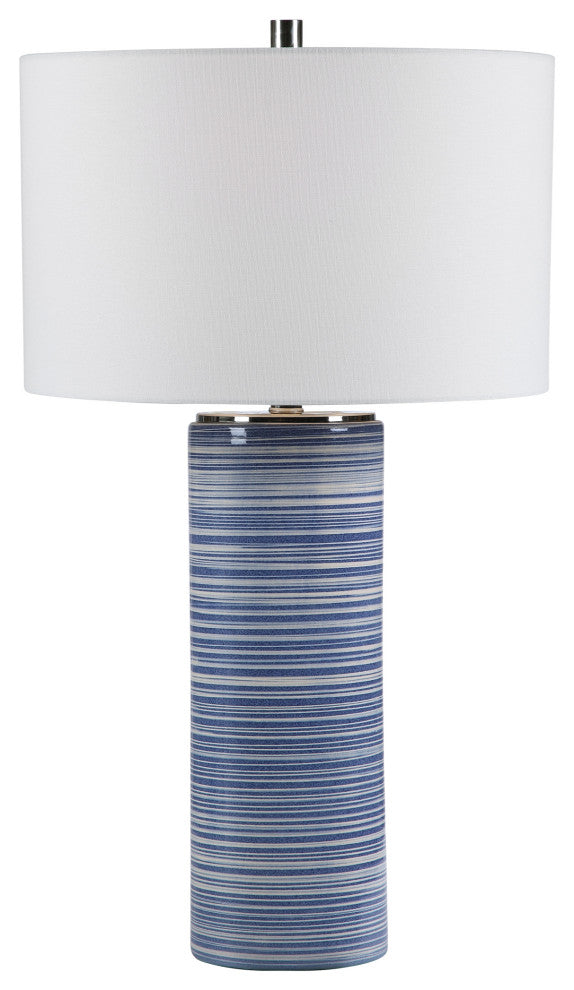 Elegant Indigo White Striped Table Lamp Denim Blue Coastal Cylinder