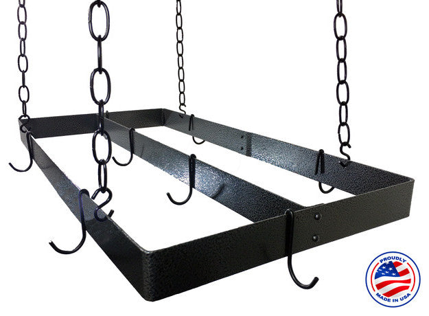 Rogar Rectangular Pot Rack With Centerbar In Black Hammered Steel Or