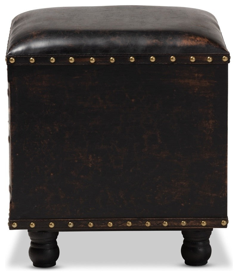 Rustic Antique Leather Upholstered Wood Storage Ottoman with Book Spin