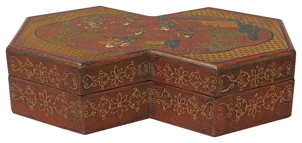 Chinese Distressed Brown People Graphic Rectangular Decagon Shape Box