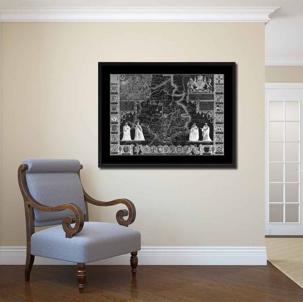 Cambridge Shire Monochrome Map Print On Canvas, Black Custom Frame, 16