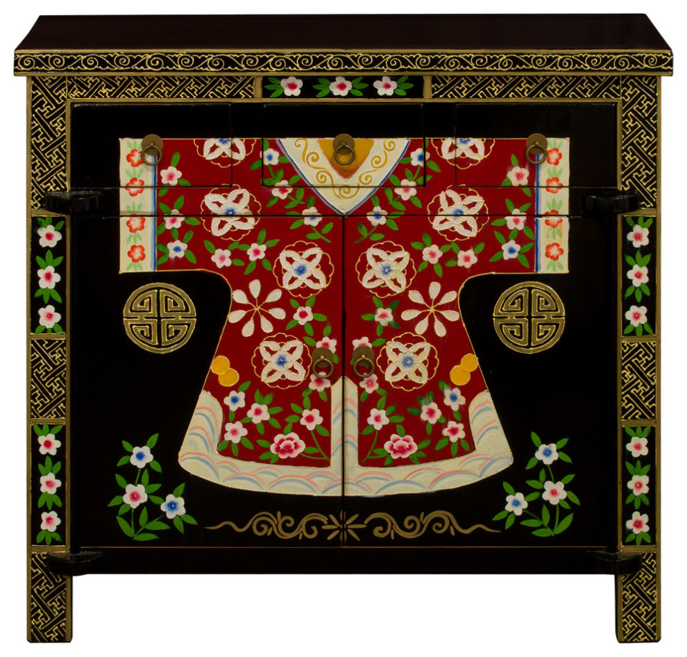 Hand Painted Elmwood Mandarin Robe Motif Oriental Cabinet