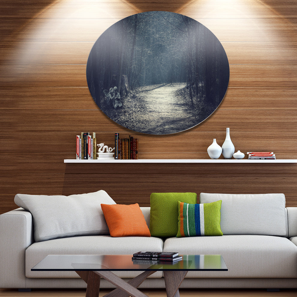 Dark Forest With Empty Road, Modern Forest Round Wall Art, 11"