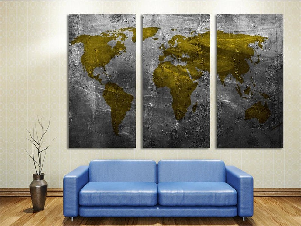Abstract Metallic Gold World Map Canvas Print, 3 Panel Split, Triptych