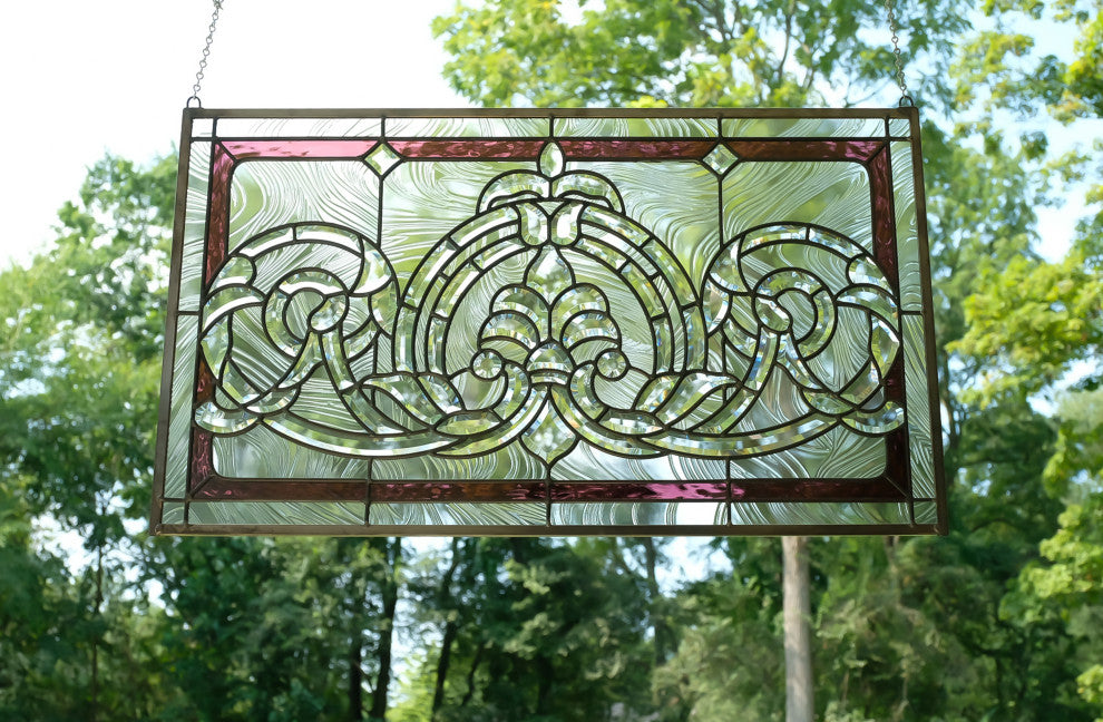 Handcrafted Stained Glass Clear Beveled Window Panel 34 W x 20 H inche