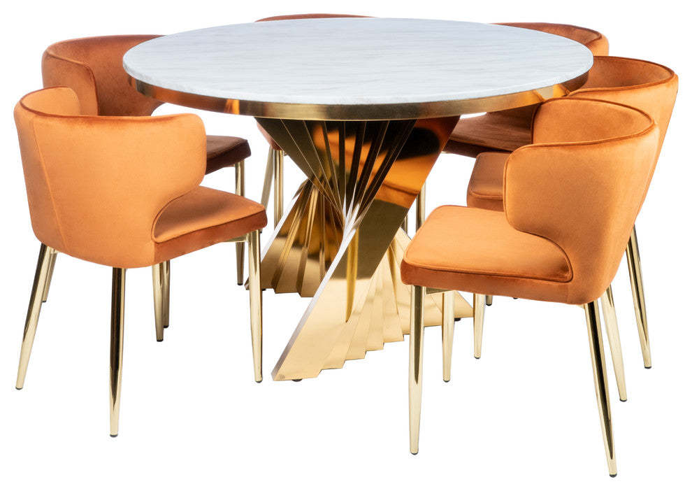 Waterfall Round Marble Top Dining Table Gold and White