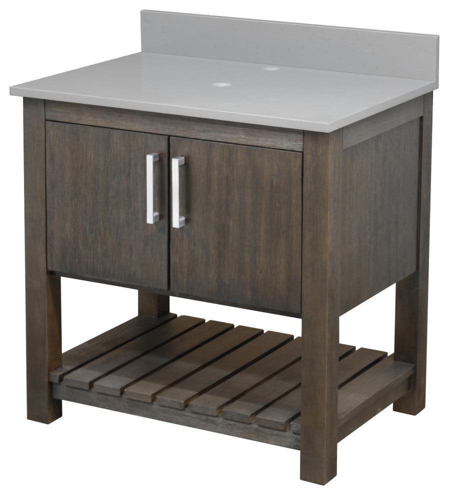 30" Vanity with Storm Grey Quartz Countertop and BackSplash, Chrome, W