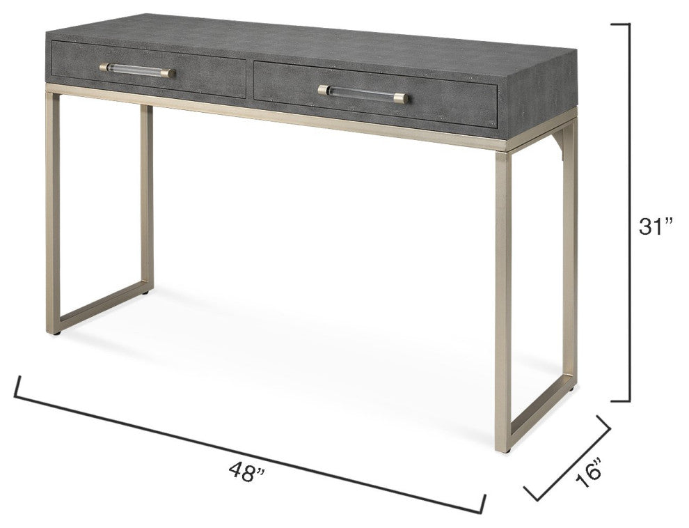 Elegant Faux Shagreen Console Table 2 Drawers Gray Champagne Brass Vin