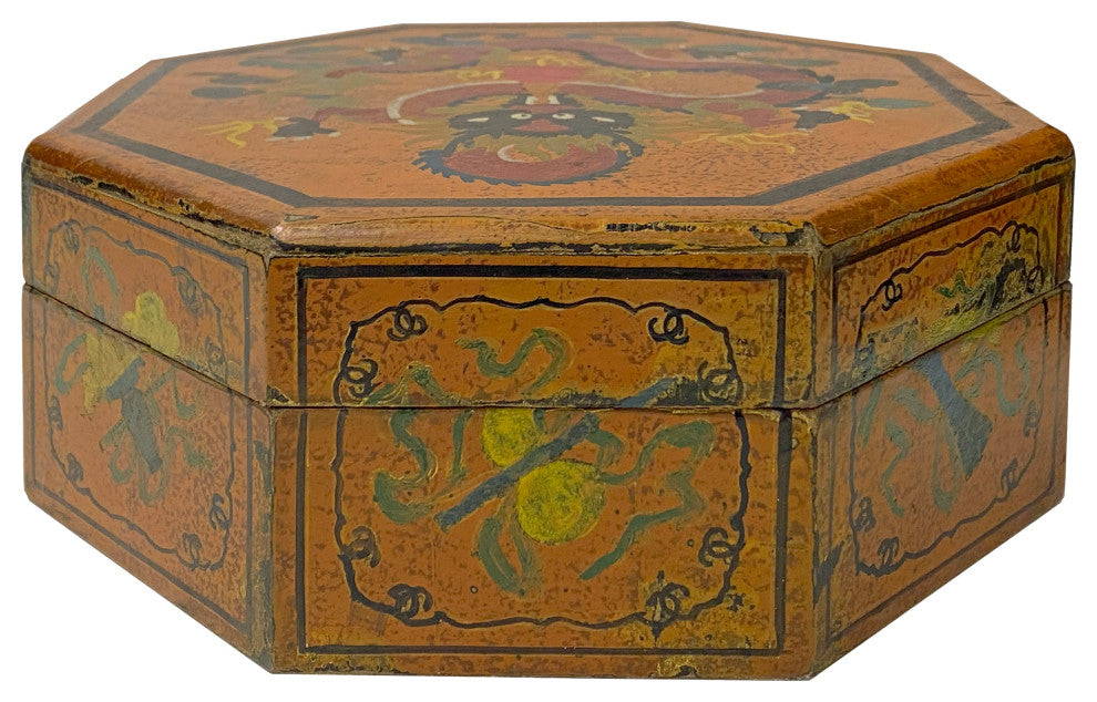 Chinese Distressed Light Brown Octagon Dragon Treasure Graphic Box Hws