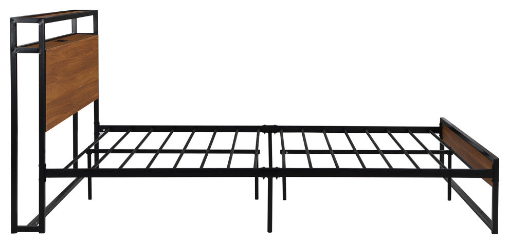 Queen Size Metal Platform Bed Frame With Sockets, Usb Ports and Slat S