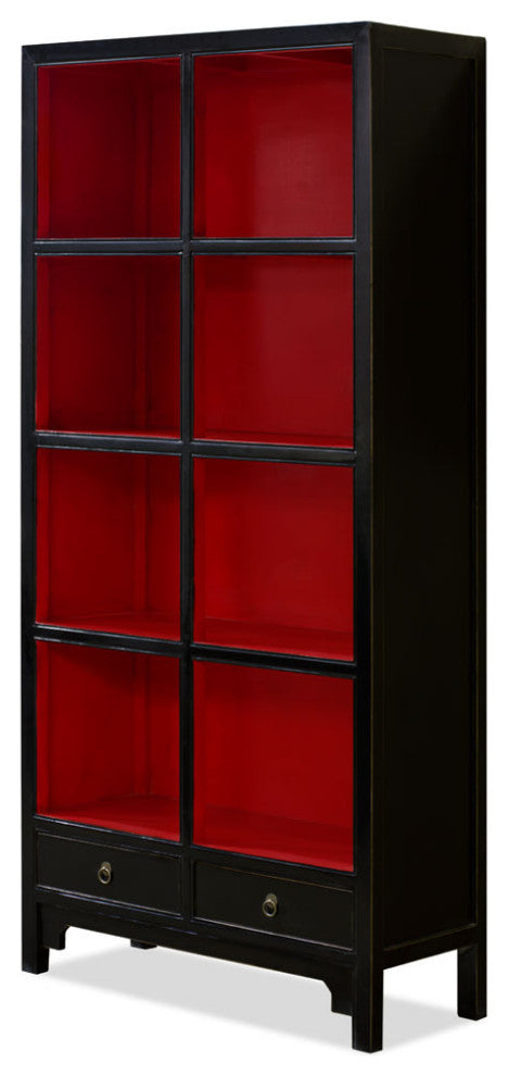 Distressed Black and Red Elmwood Zen Asian Bookcase